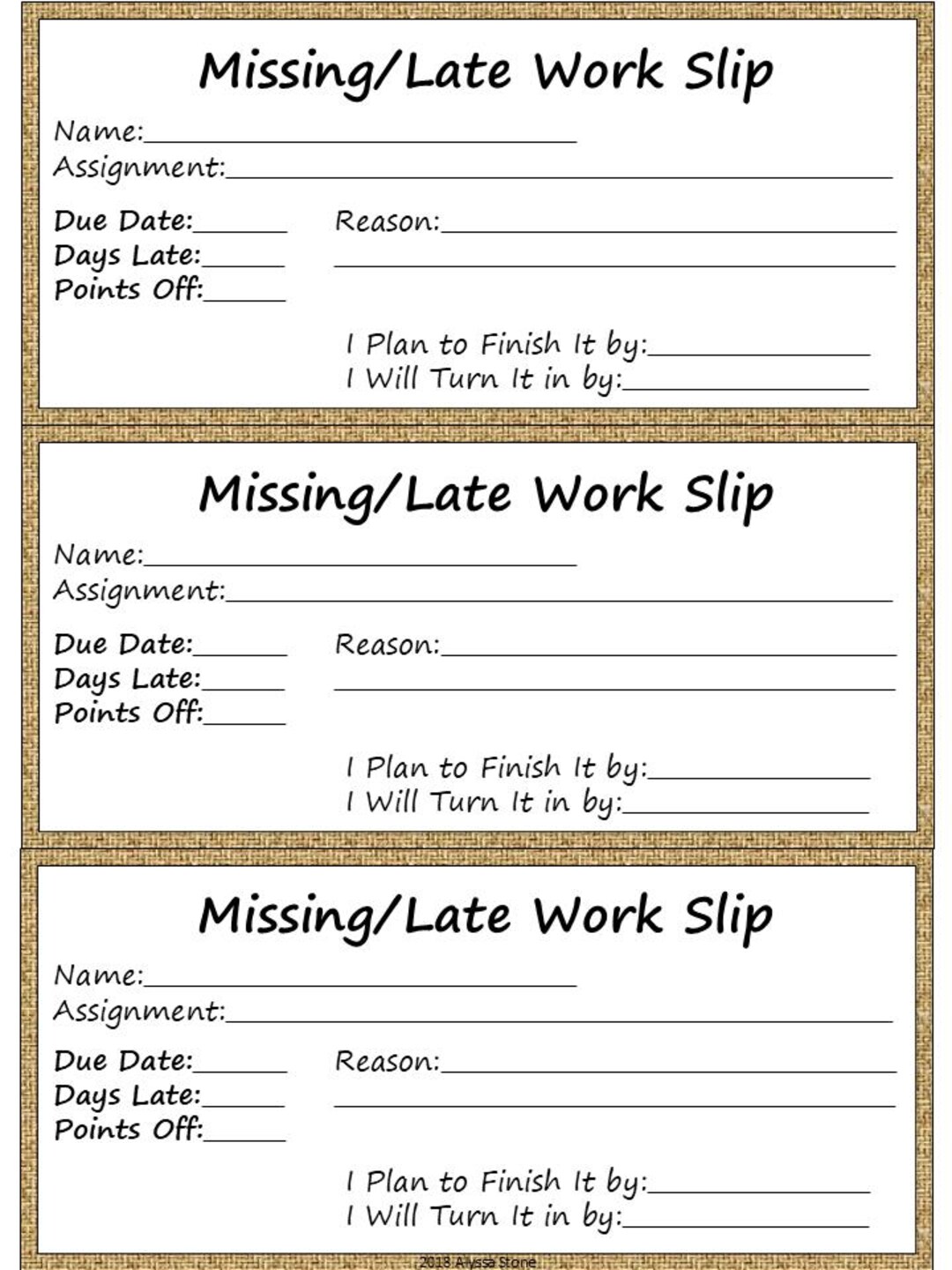 Missing/late Work Tracker With Excuse Slips - Burlap - Etsy