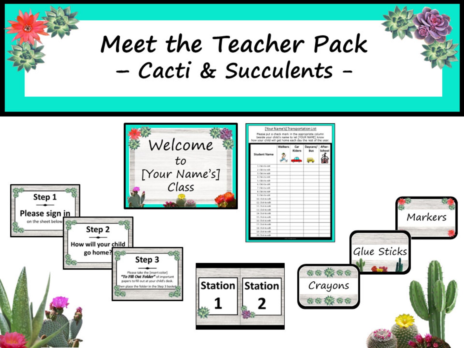 Meet the Teacher Night Pack - Cacti & Succulents {editable} - Etsy