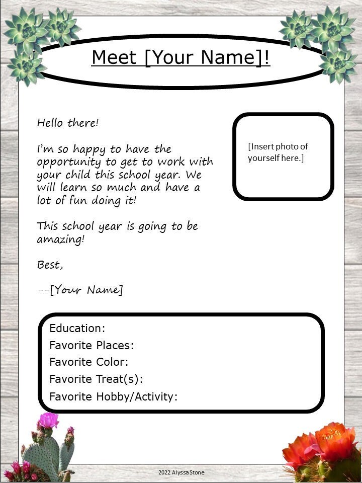 Editable Meet the Teacher Letter - Cacti & Succulents - Etsy