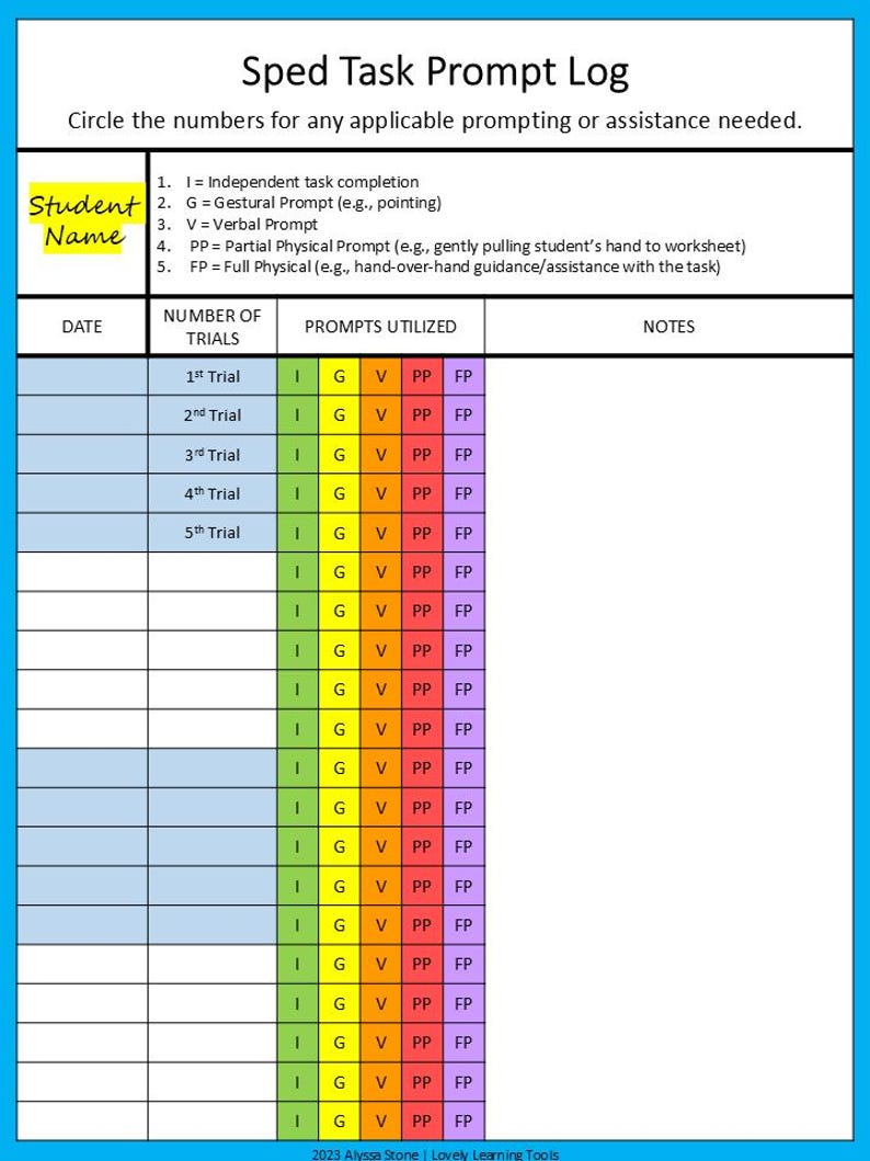 Special Education Task Prompt Log - Aqua - Etsy