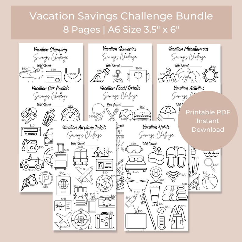 A6 Vacation Savings Challenge Bundle, 12 Month Savings Challenge, Money ...