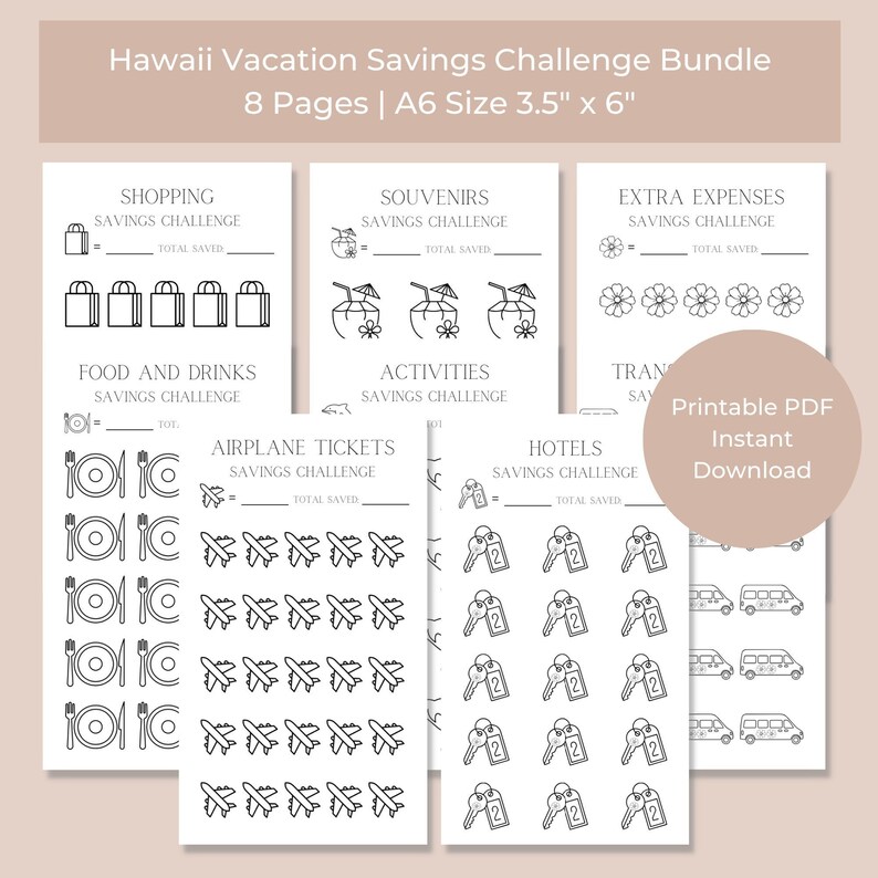 A6 Hawaii Vacation Savings Challenge, Money Challenge, Savings Tracker ...