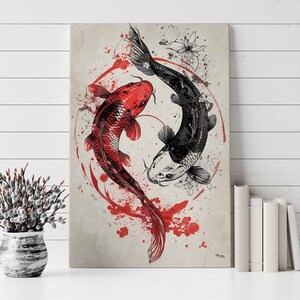 Koi Fish Yin Yang Canvas Art Chinese Feng Shui Wall Decor Fire and ...