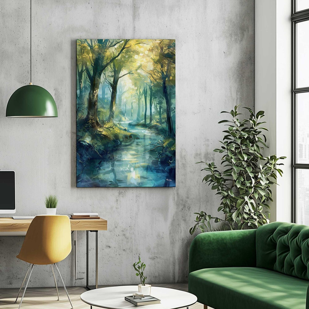 Abstract Forest Canvas Wall Art, Nature-inspired Woodland Scene, Teal ...