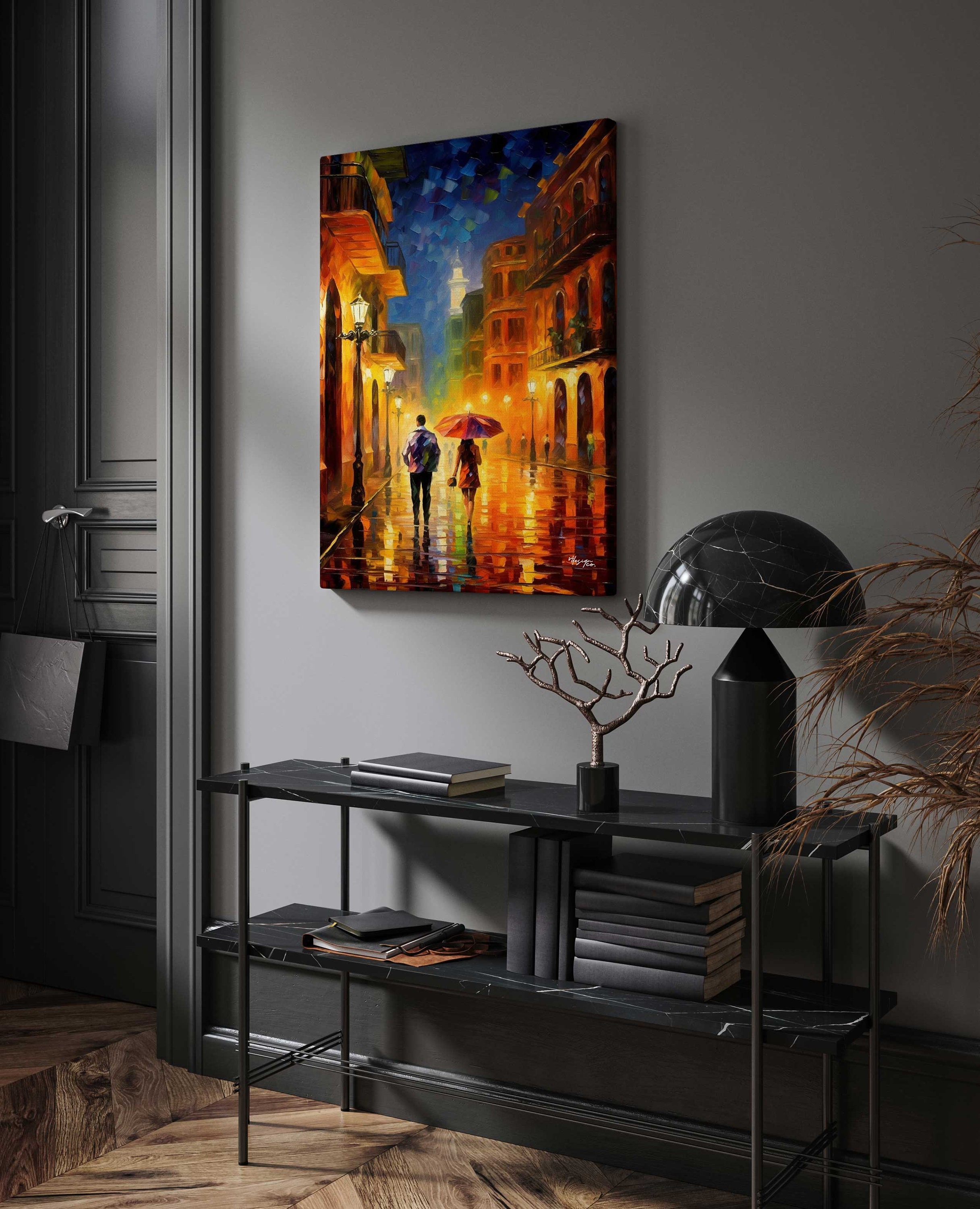 Colorful Street Scene, City Buildings With a Red Umbrella Vibrant City ...