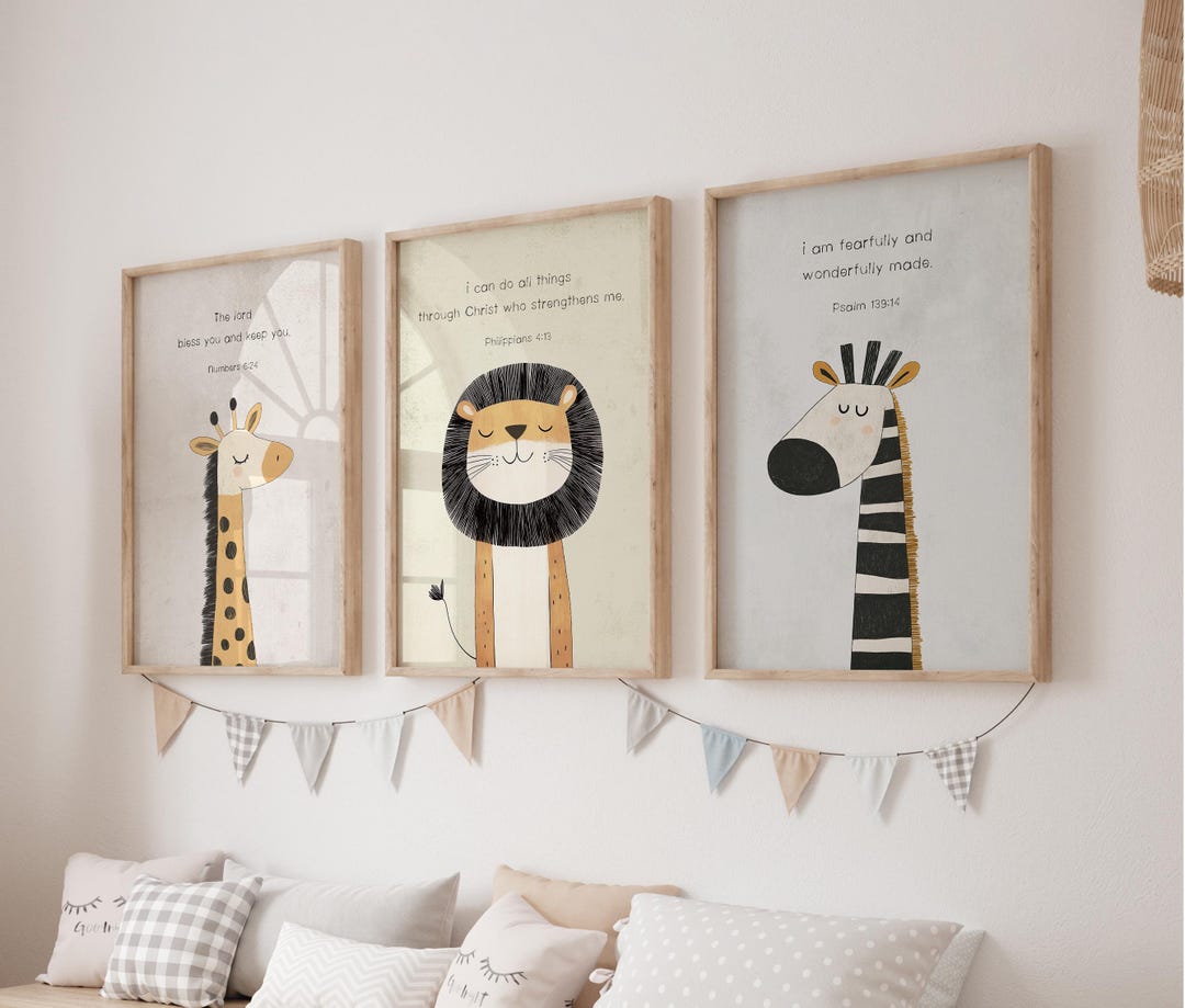 Set of 3 Safari Animal Bible Verse Printable Wall Art, Modern Christian ...