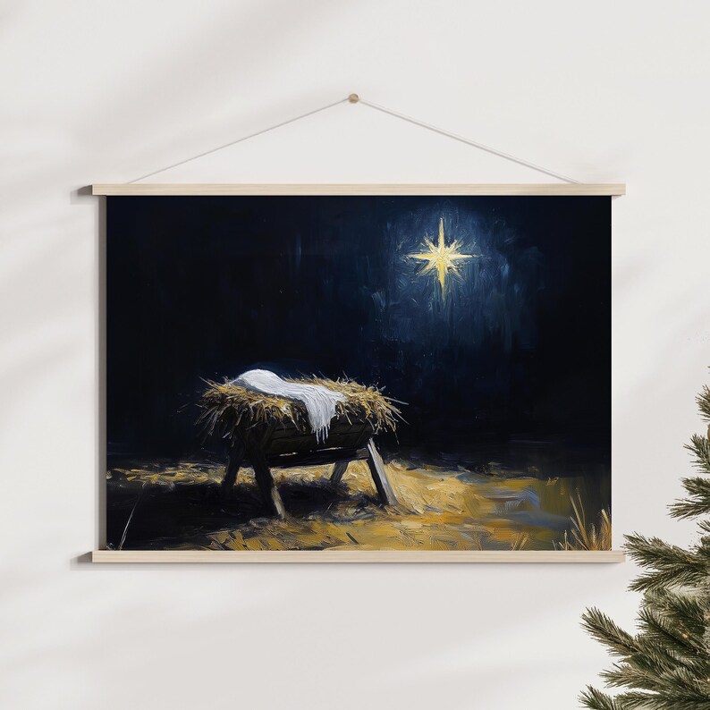 Manger Scene Christmas Printable Wall Art, Rustic Christian Oil ...