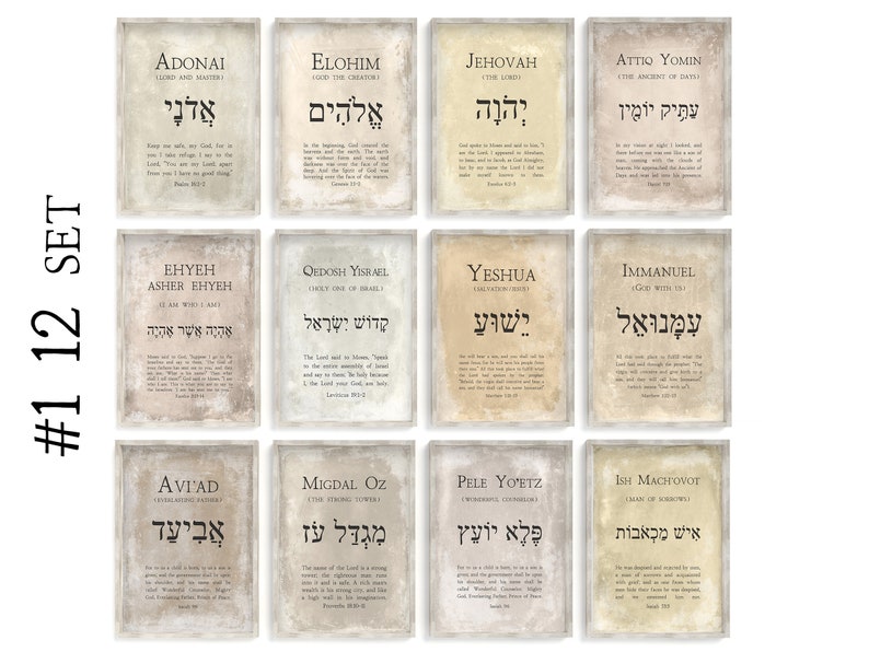 36 Hebrew Names of God Bible Verse Printable Wall Art Gallery Set ...