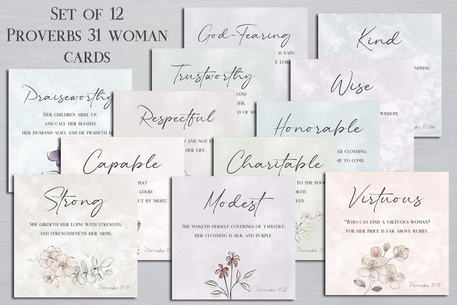 Proverbs 31 Woman 12 Virtues Bible Verse Printable Cards, Modern ...