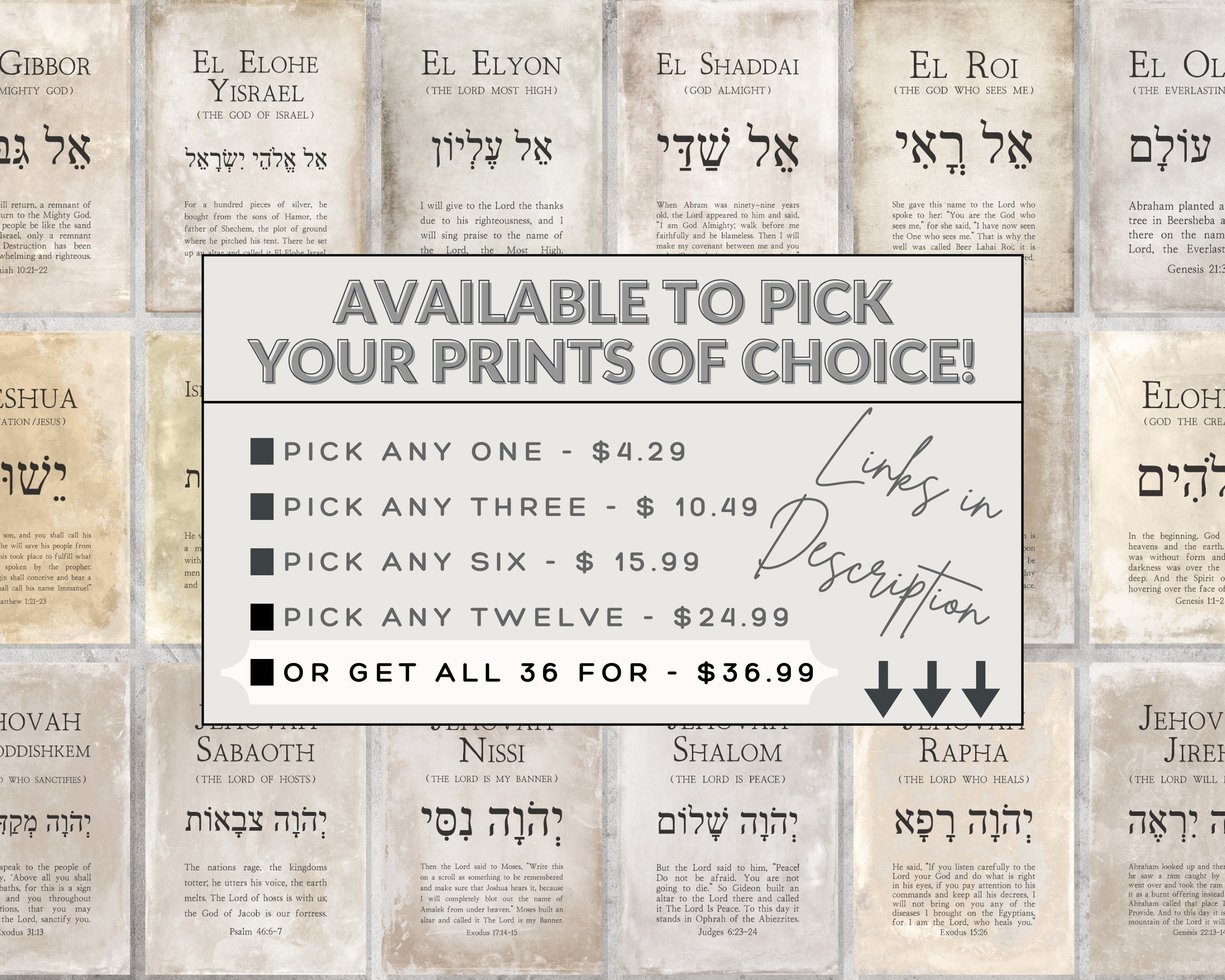 36 Hebrew Names of God Bible Verse Printable Wall Art Gallery Set ...