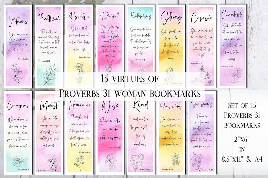 Proverbs 31 Woman Bible Verse Bookmarks Printable, Set of 15 Virtues ...