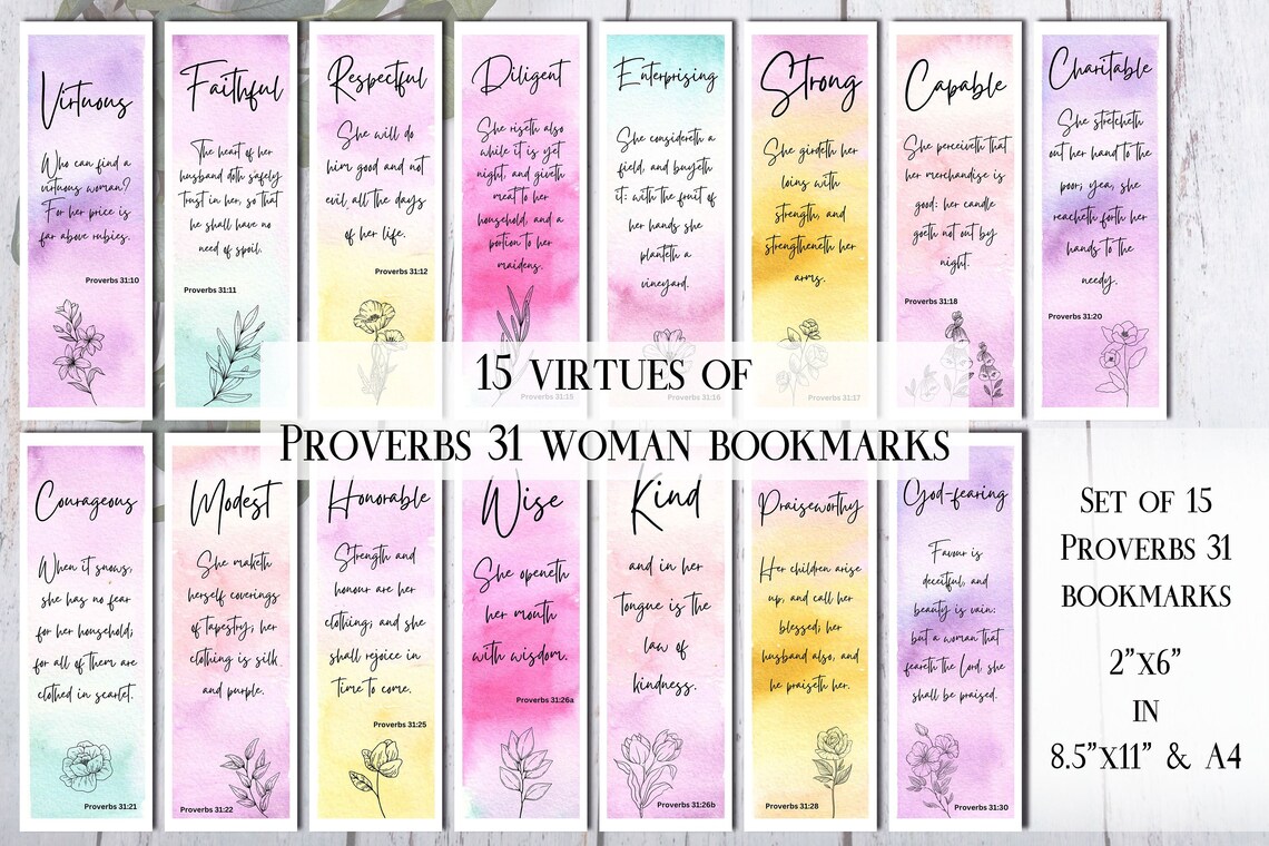 Proverbs 31 Woman Bible Verse Bookmarks Printable Set of 15 - Etsy