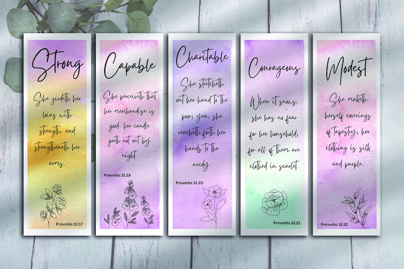 Proverbs 31 Woman Bible Verse Bookmarks Printable, Set of 15 Virtues ...