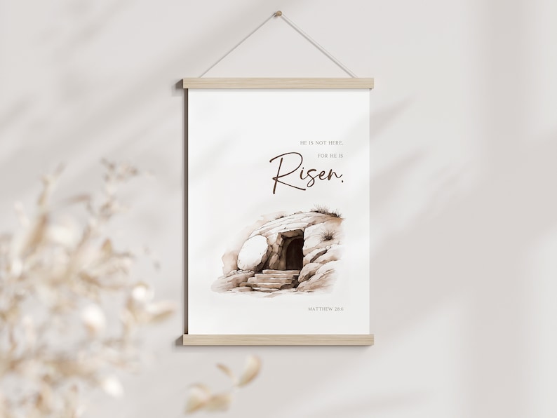 Jesus Empty Tomb Bible Verse Wall Art Printable, Christian Religious He is Risen Sign Easter ...
