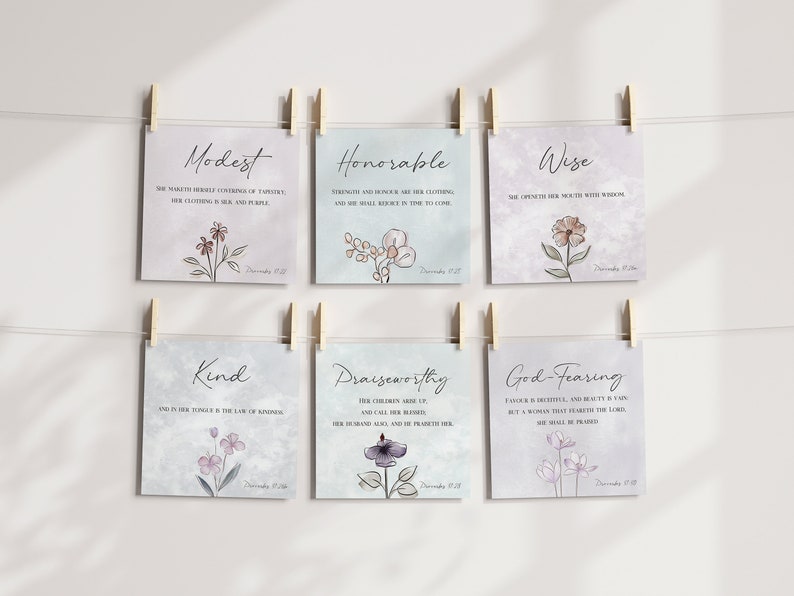 Proverbs 31 Woman 12 Virtues Bible Verse Printable Cards, Modern ...