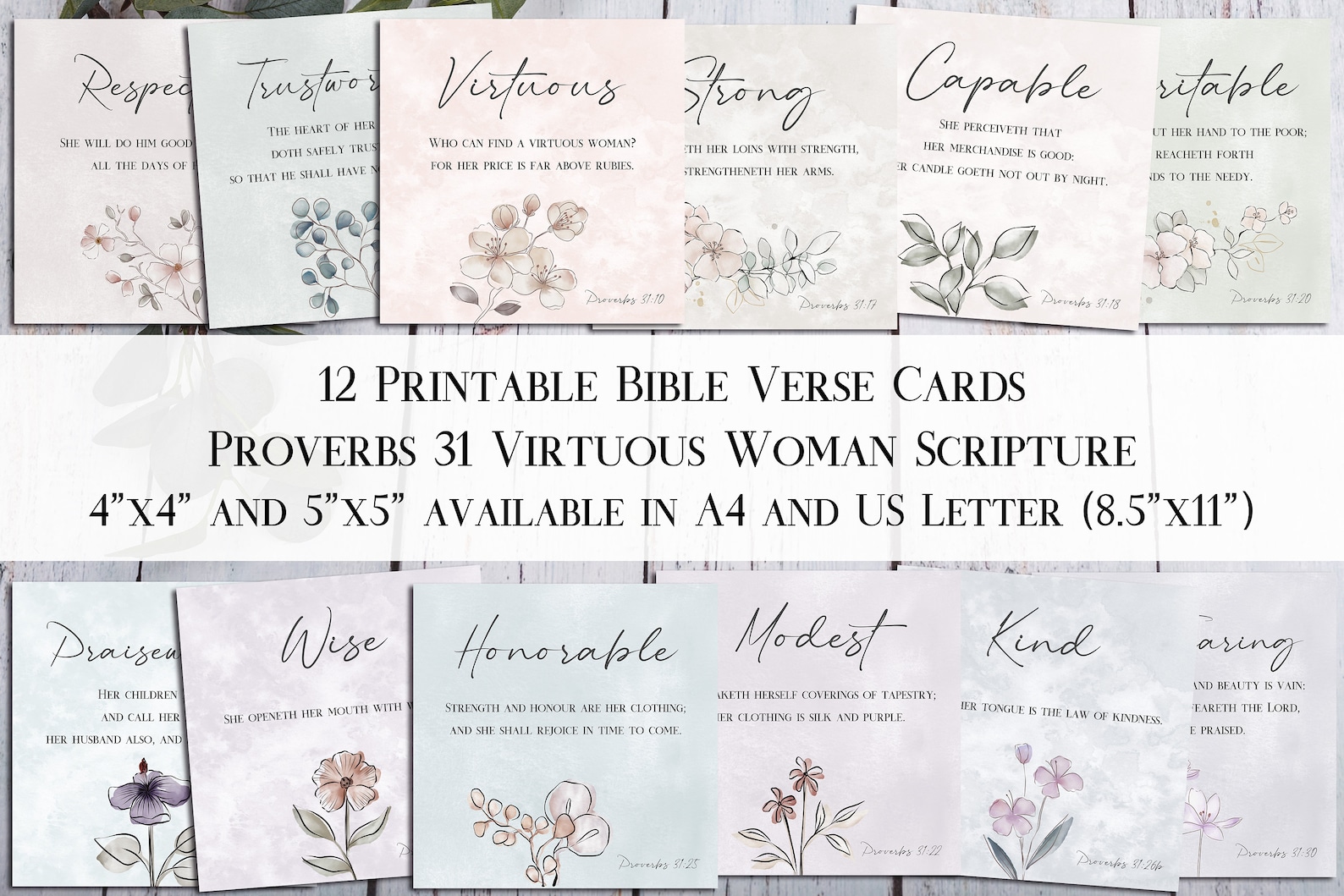 Proverbs 31 Woman 12 Virtues Bible Verse Printable Cards, Modern ...