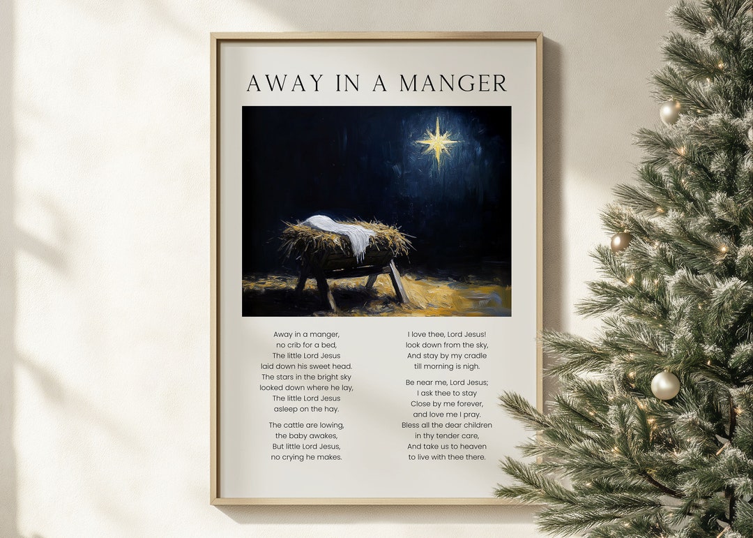 Away in a Manger Christmas Hymn Printable Wall Art, Christian Church ...
