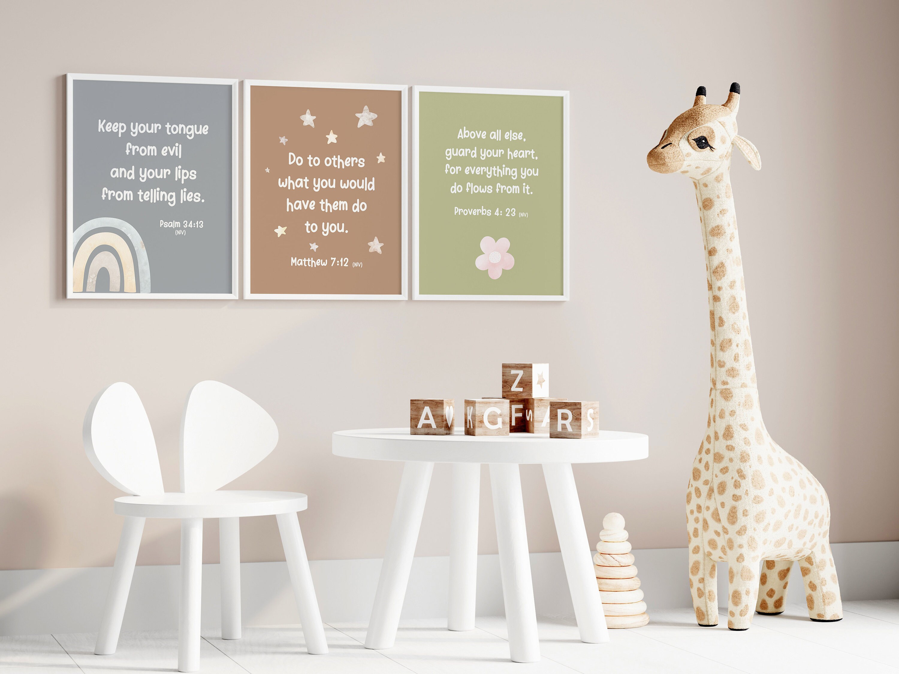 Kids Bible Verse Printable Wall Art, Neutral Color Christian Classroom ...