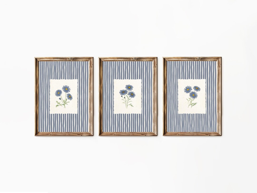Blue Daisy Wall Art Printable Set of 3 Gallery, Trendy Vintage Country ...