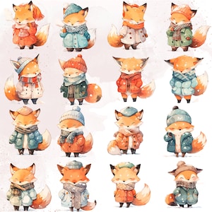 Cute Watercolor Christmas Foxes Clipart Bundle Baby Fox Winter Fashion ...