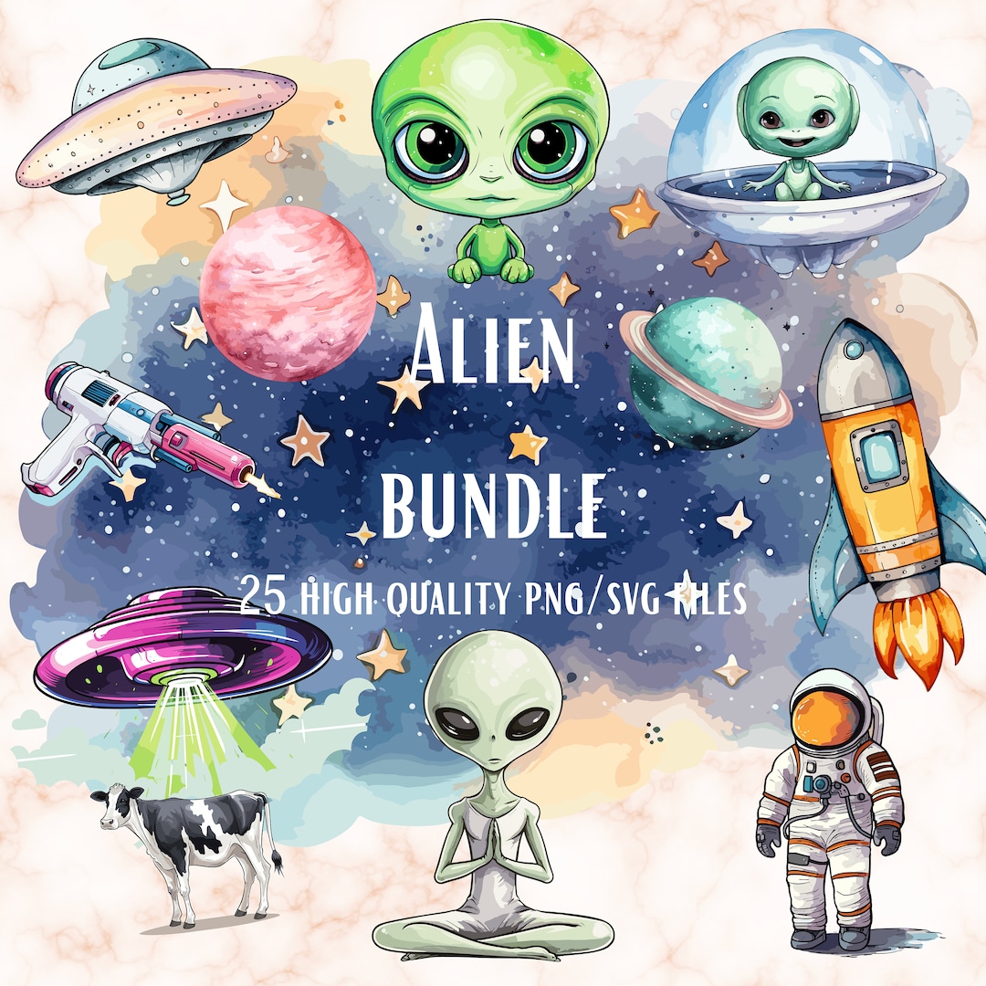 Watercolor Alien Clipart Outer Space PNG Set Planets SVG - Etsy