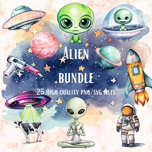 Watercolor Alien Clipart Outer Space PNG Set Planets SVG - Etsy