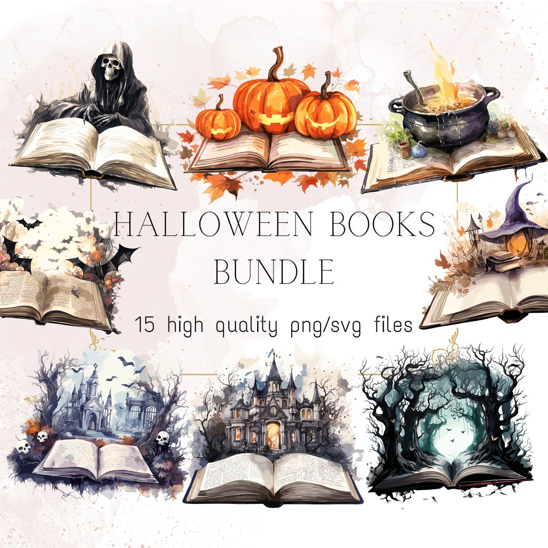 Watercolor Halloween Books Clipart: Spooky Fantasy Illustrations (PNG ...