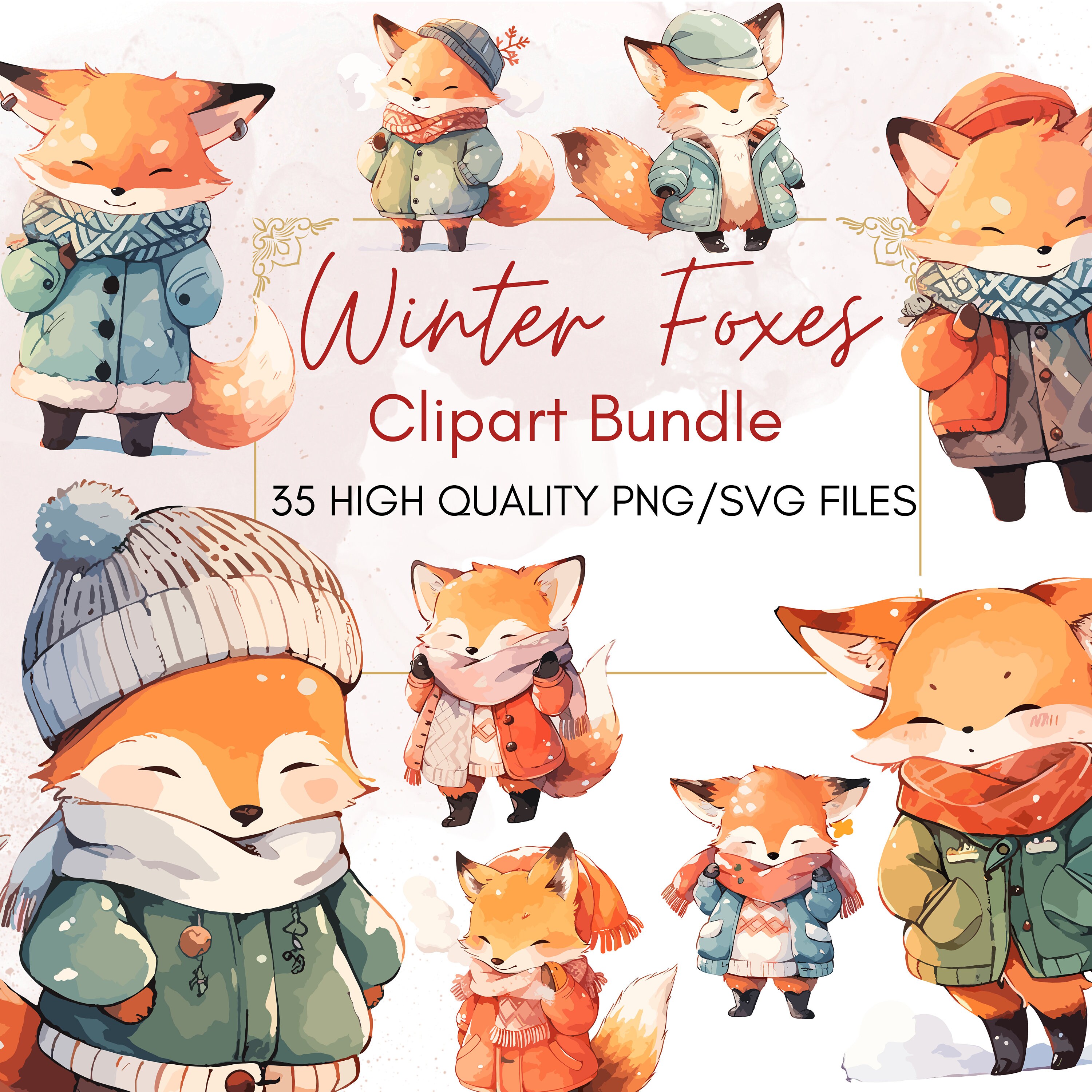 Cute Watercolor Christmas Foxes Clipart Bundle Baby Fox Winter - Etsy