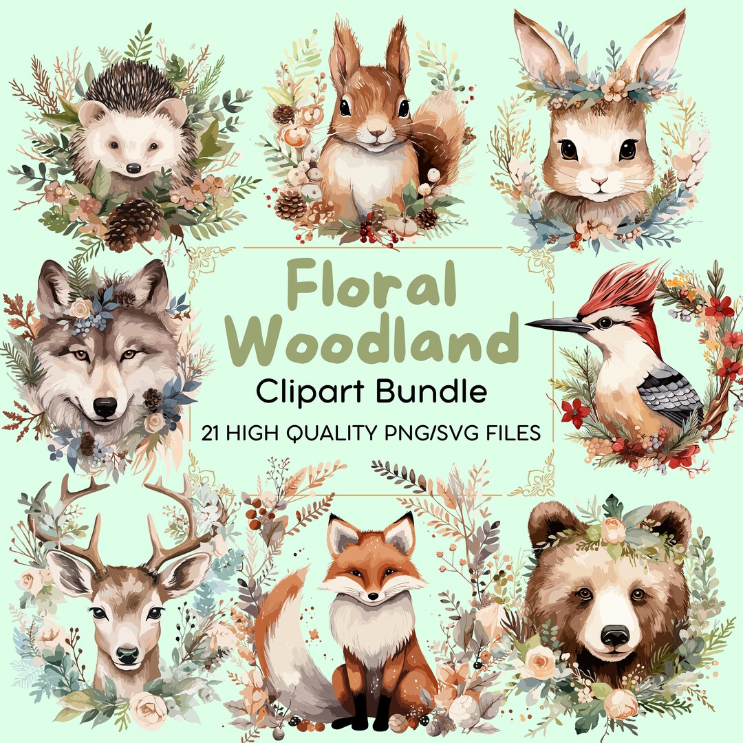 Watercolor Woodland Animals Clipart Bundle Cute Floral Animals PNG Boho ...