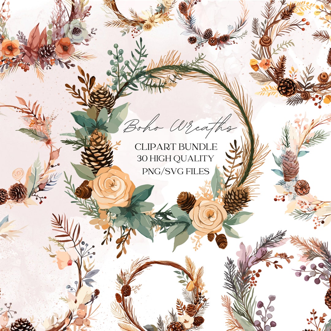 Circle Boho Wreaths Clipart Bundle Watercolor Floral Wreaths Botanical ...