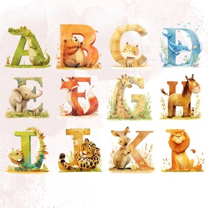 Watercolor Animals Alphabet PNG Cute Animals Clipart Baby Nursery Cute ...