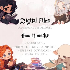 Chibi Wizard Library Book Lover Clipart Cute Witch Illustration Sticker ...