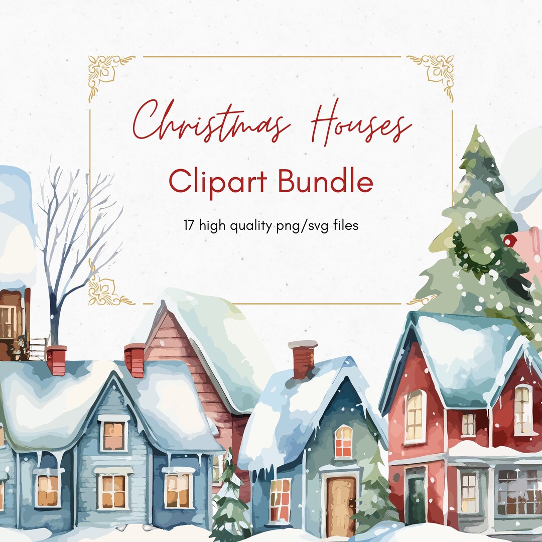 Watercolor Christmas Village Clipart: Snowy Houses PNG, SVG (commercial ...