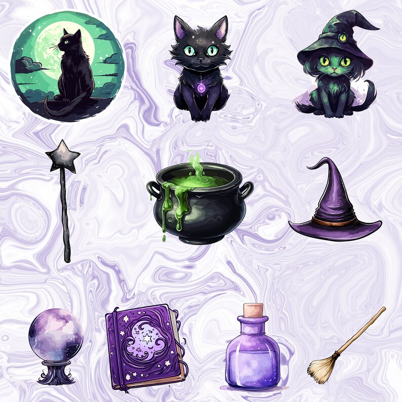 Watercolor Witch Cat Clipart Cat PNG Witch SVG Bundle Purple - Etsy
