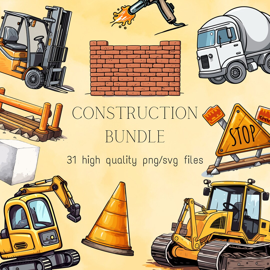 Construction Clipart Bundle: Watercolor Trucks, Crane, Excavator (PNG ...