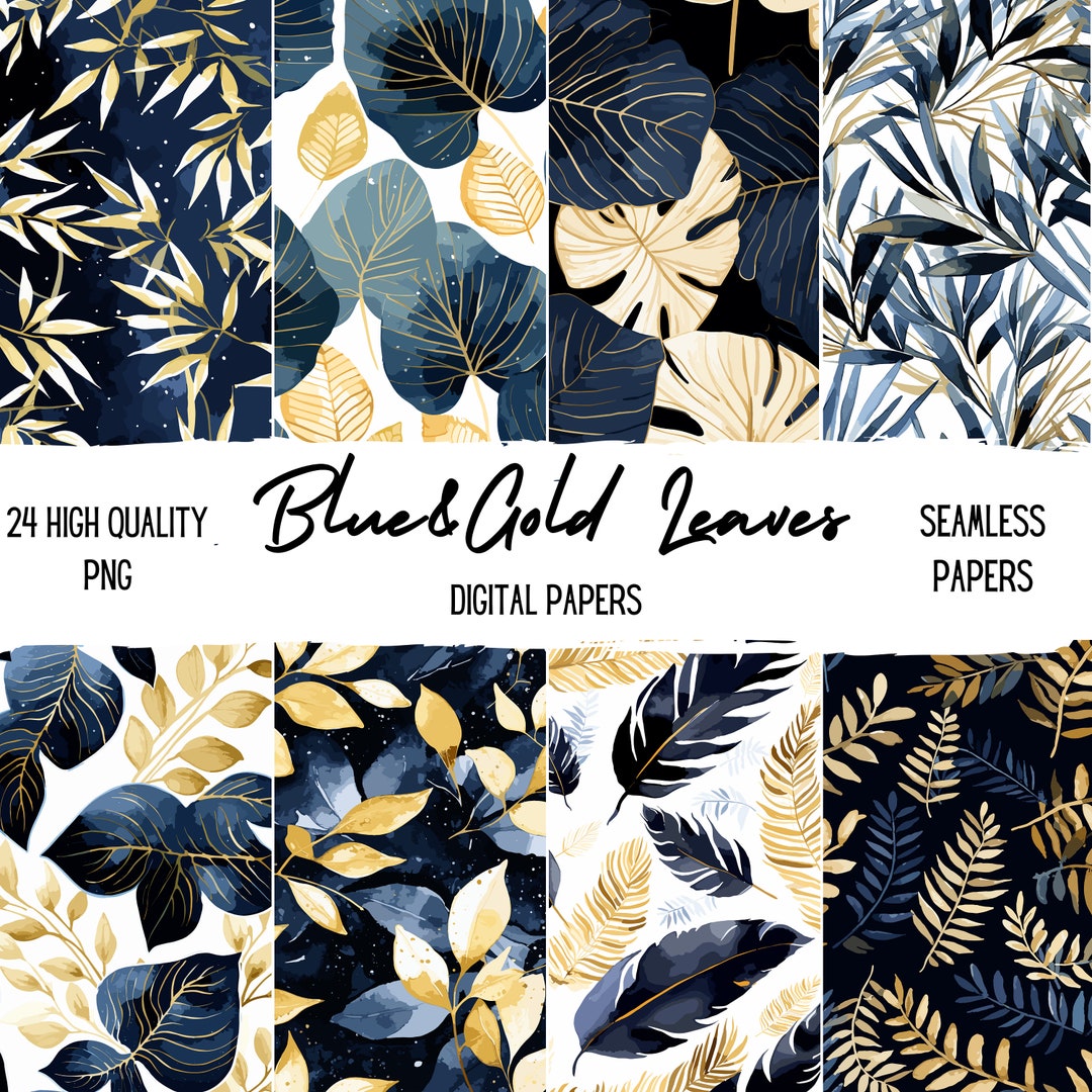 Blue & Gold Tropical Leaves Digital Papers Exotic Leaves Seamless Paper ...