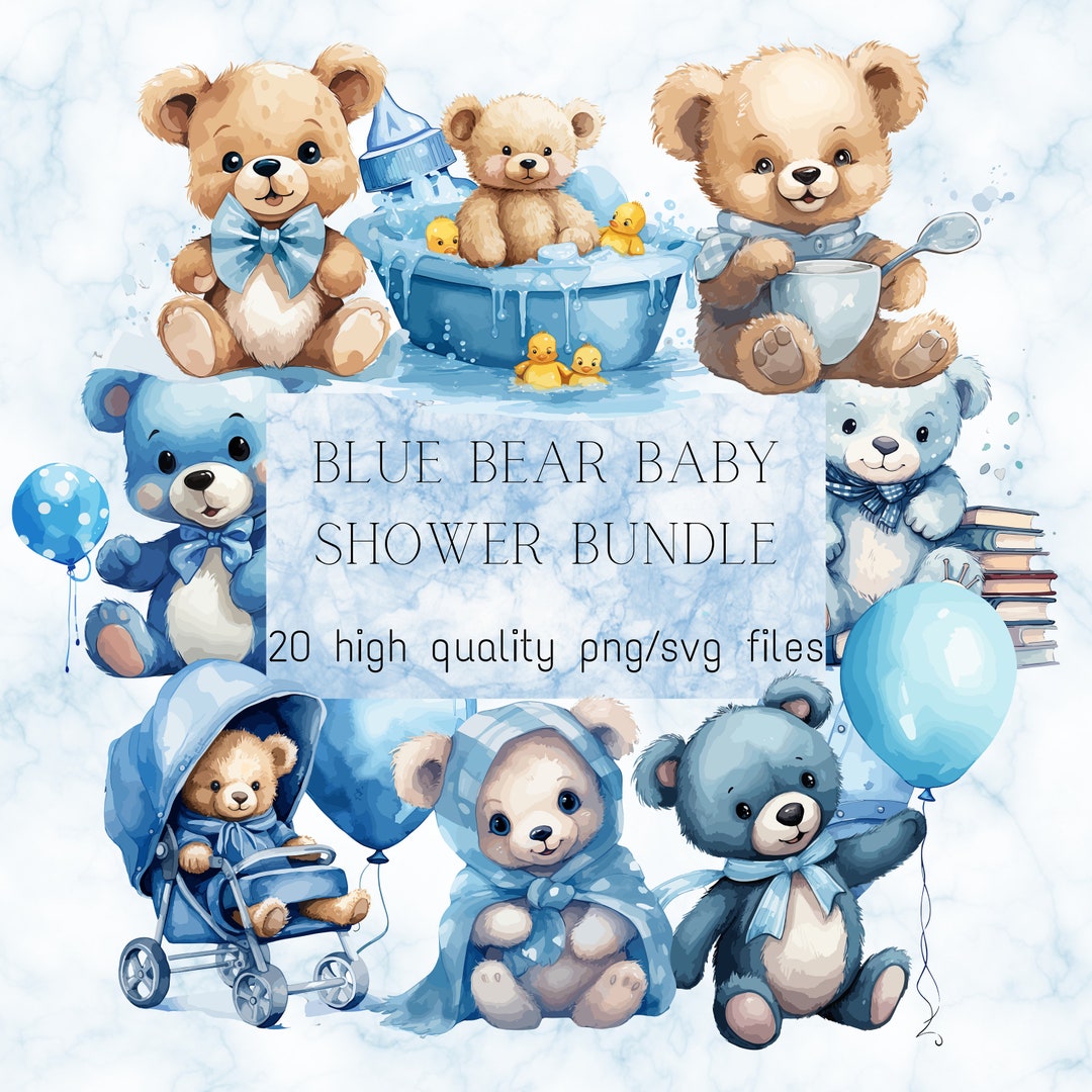 Watercolor Blue Bear Clipart Bundle: Baby Shower PNG SVG - Etsy