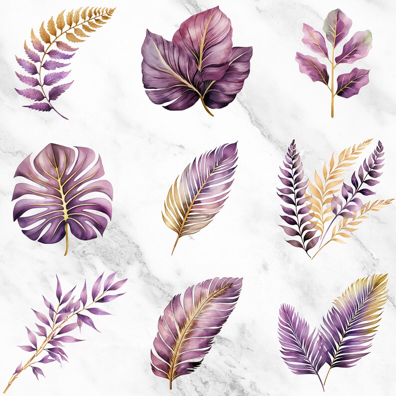 Purple & Gold Tropical Leaves Clipart: PNG Bundle - Etsy