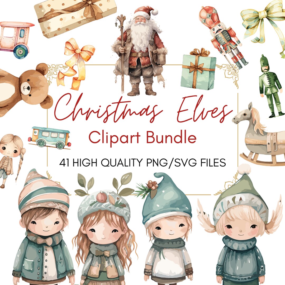 Christmas Elves Watercolor Clipart Santa's Workshop PNG Christmas ...