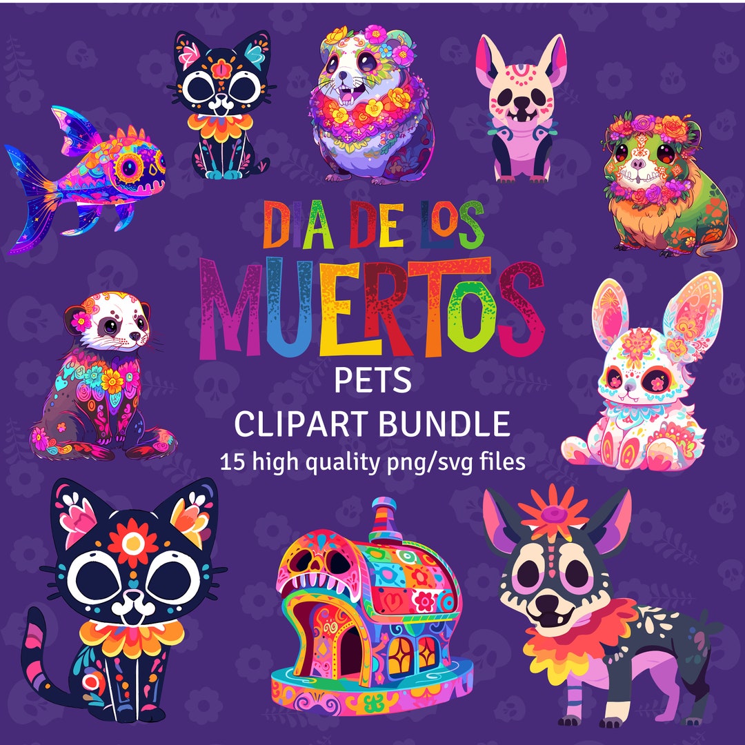 Dia De Los Muertos Pets Clipart: Sugar Skull Cats & Dogs (PNG, SVG) - Etsy