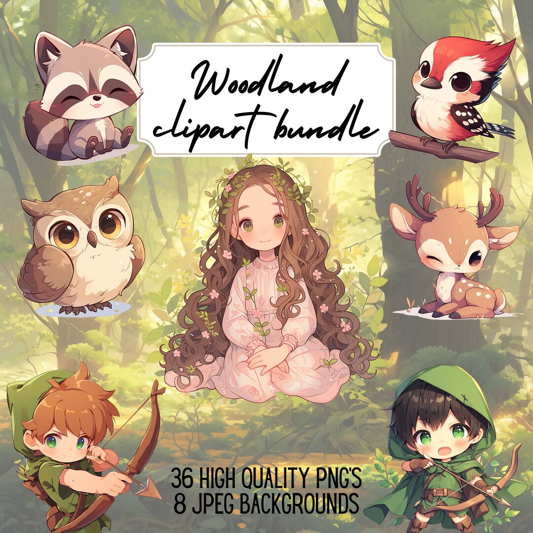 Cute Woodland Animals Clipart Chibi Boy and Girl PNG Forest Digital ...
