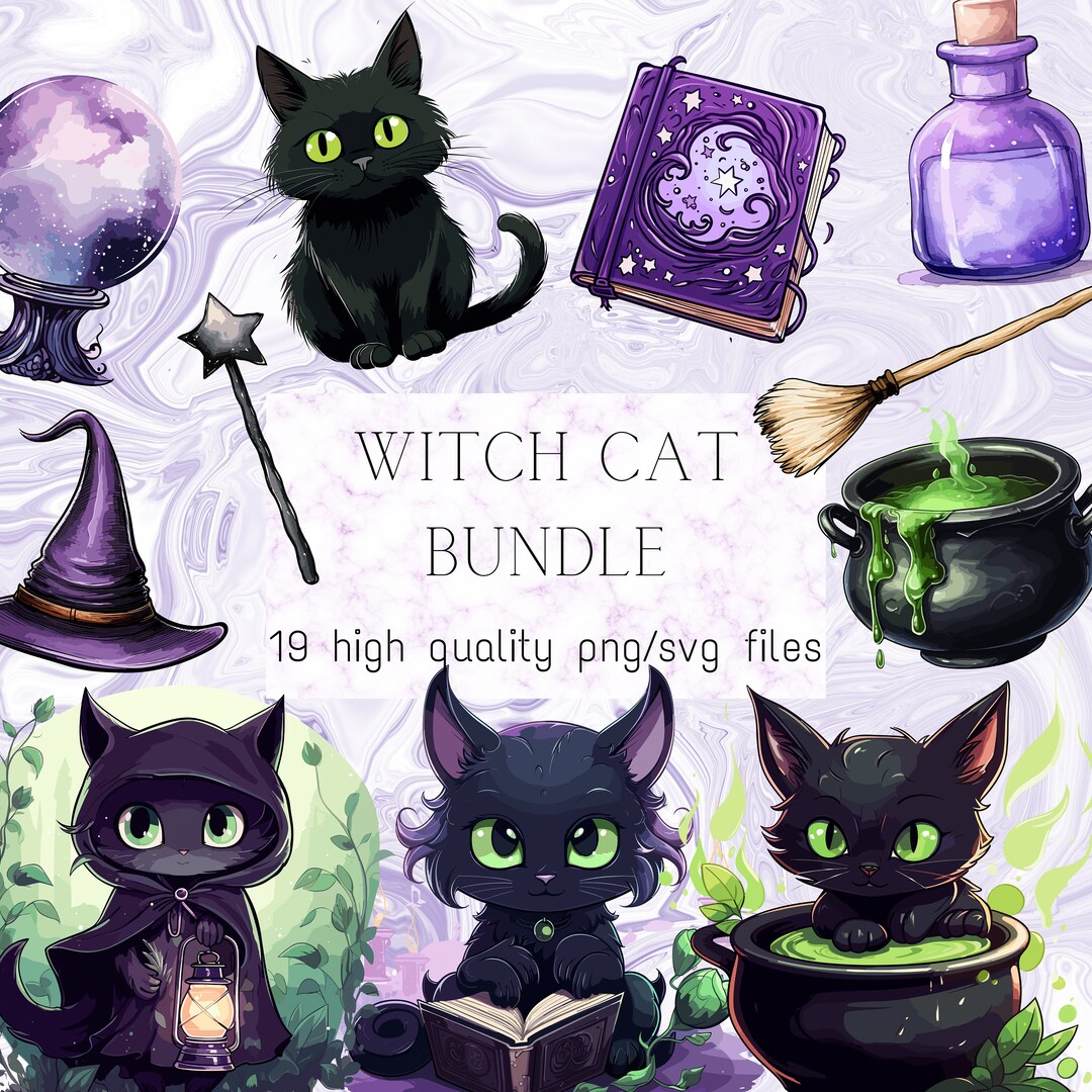 Watercolor Witch Cat Clipart Cat PNG Witch SVG Bundle Purple Cat ...