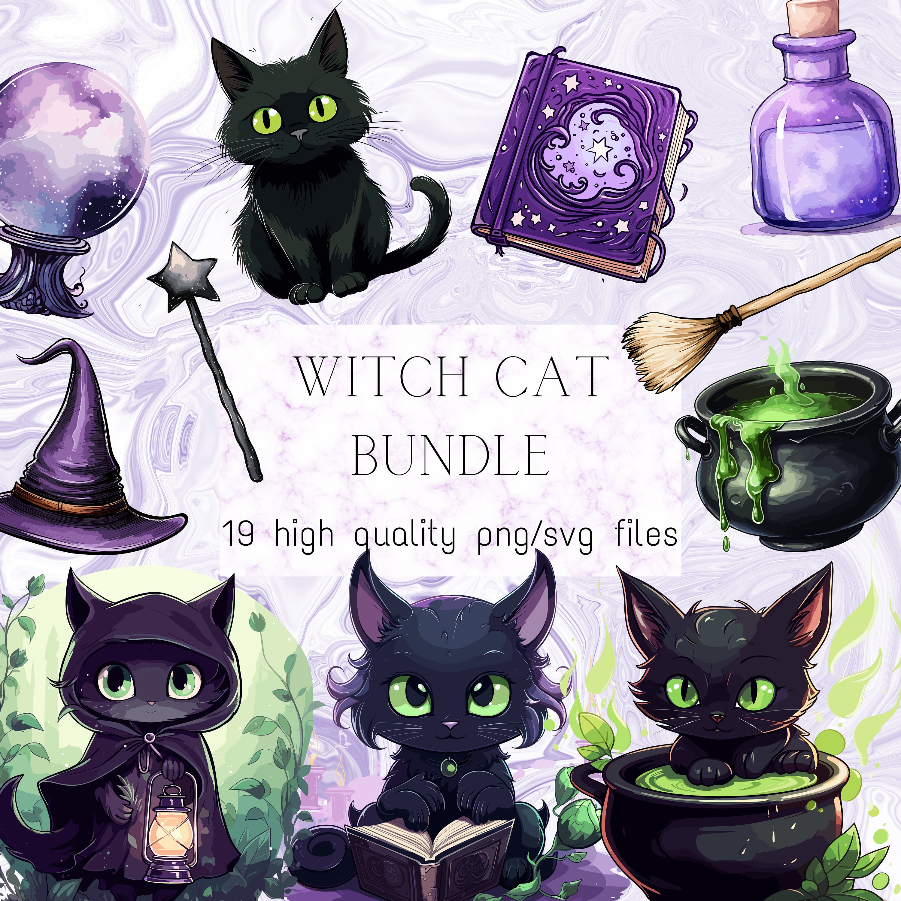 Watercolor Witch Cat Clipart Cat PNG Witch SVG Bundle Purple - Etsy