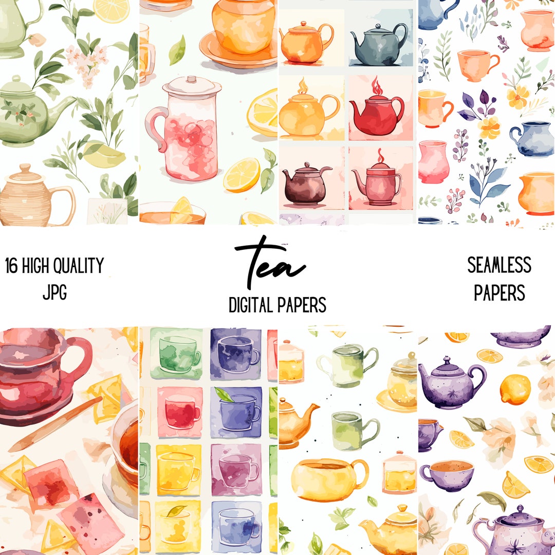 Watercolor Tea Digital Papers Tea Seamless Pattern Junk Journal Pastel ...