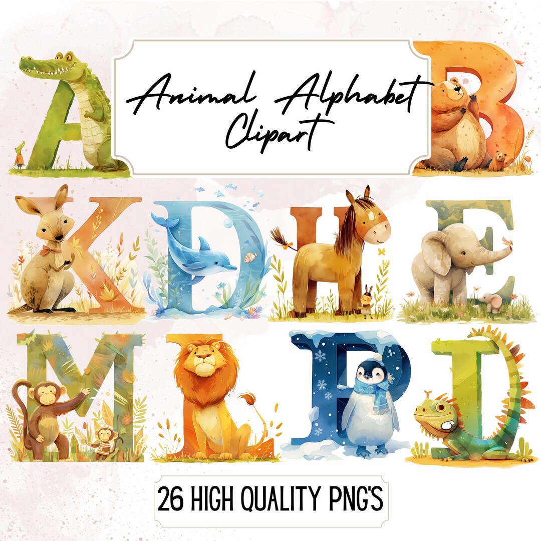 Watercolor Animals Alphabet PNG Cute Animals Clipart Baby Nursery Cute ...