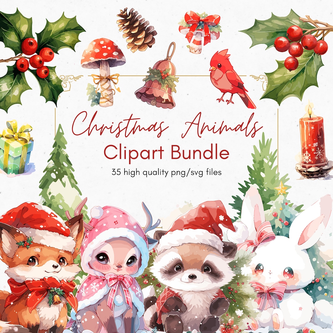 Watercolor Christmas Animals Clipart Bundle: Woodland PNG, SVG ...