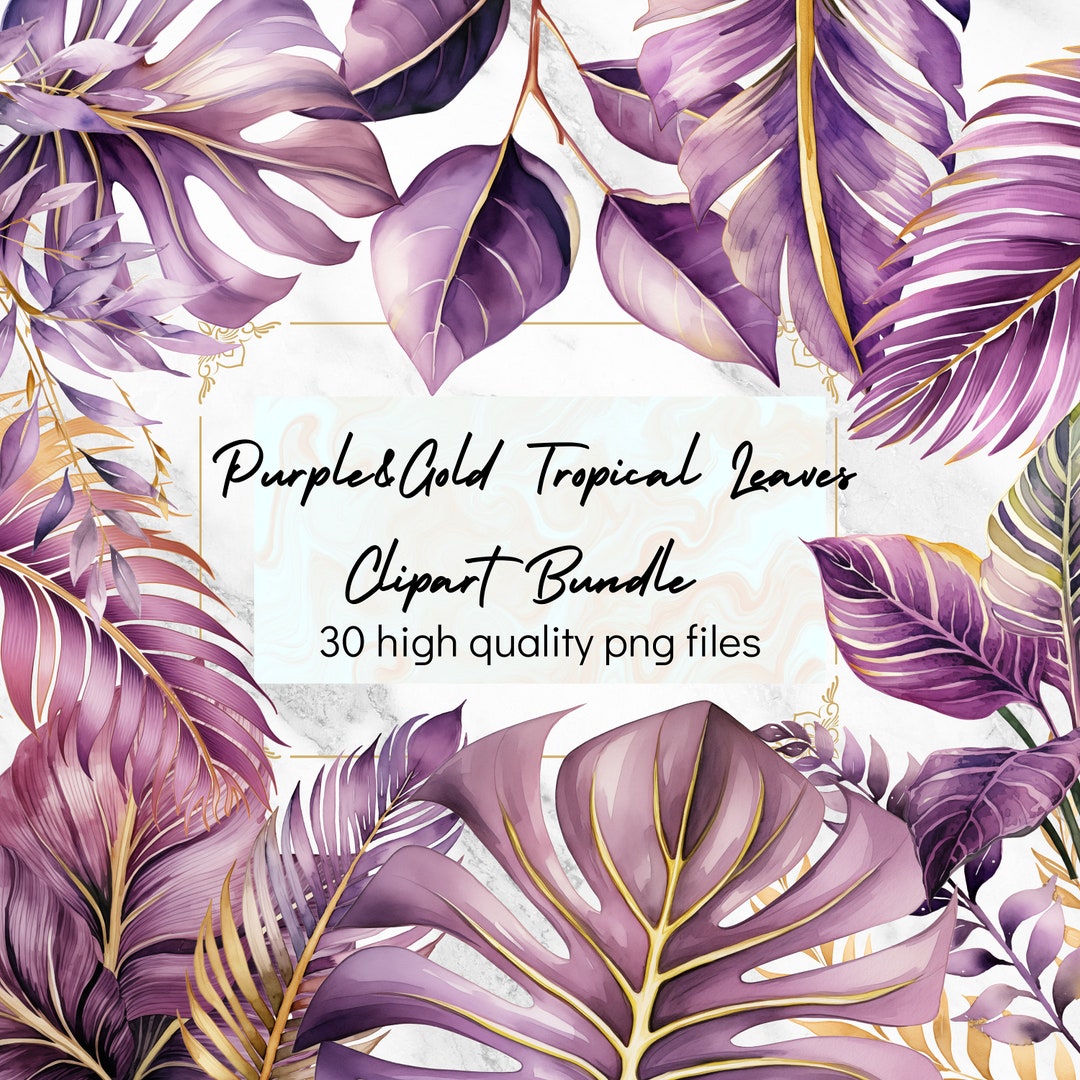 Purple & Gold Tropical Leaves Clipart: PNG Bundle - Etsy