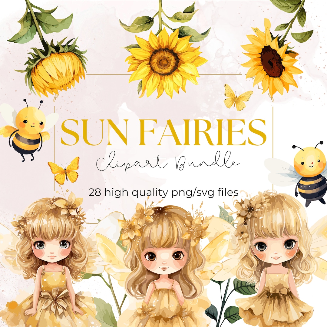 Watercolor Sun Fairies Clipart: Sunflower Garden PNG, SVG (commercial ...