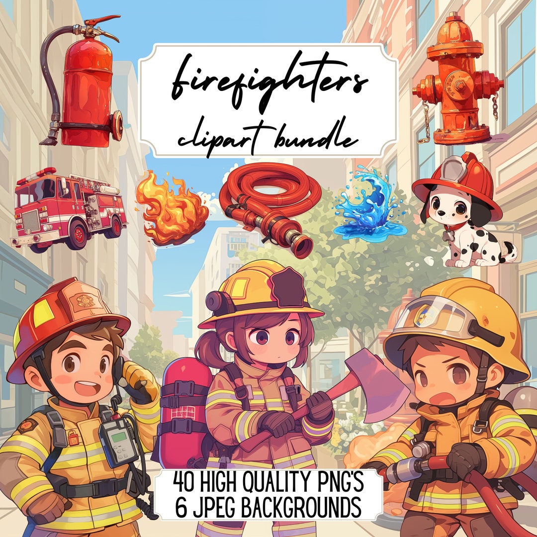 Firefighters Clipart Bundle: Chibi Kids, Firetruck, Hydrant (PNG, JPEG ...