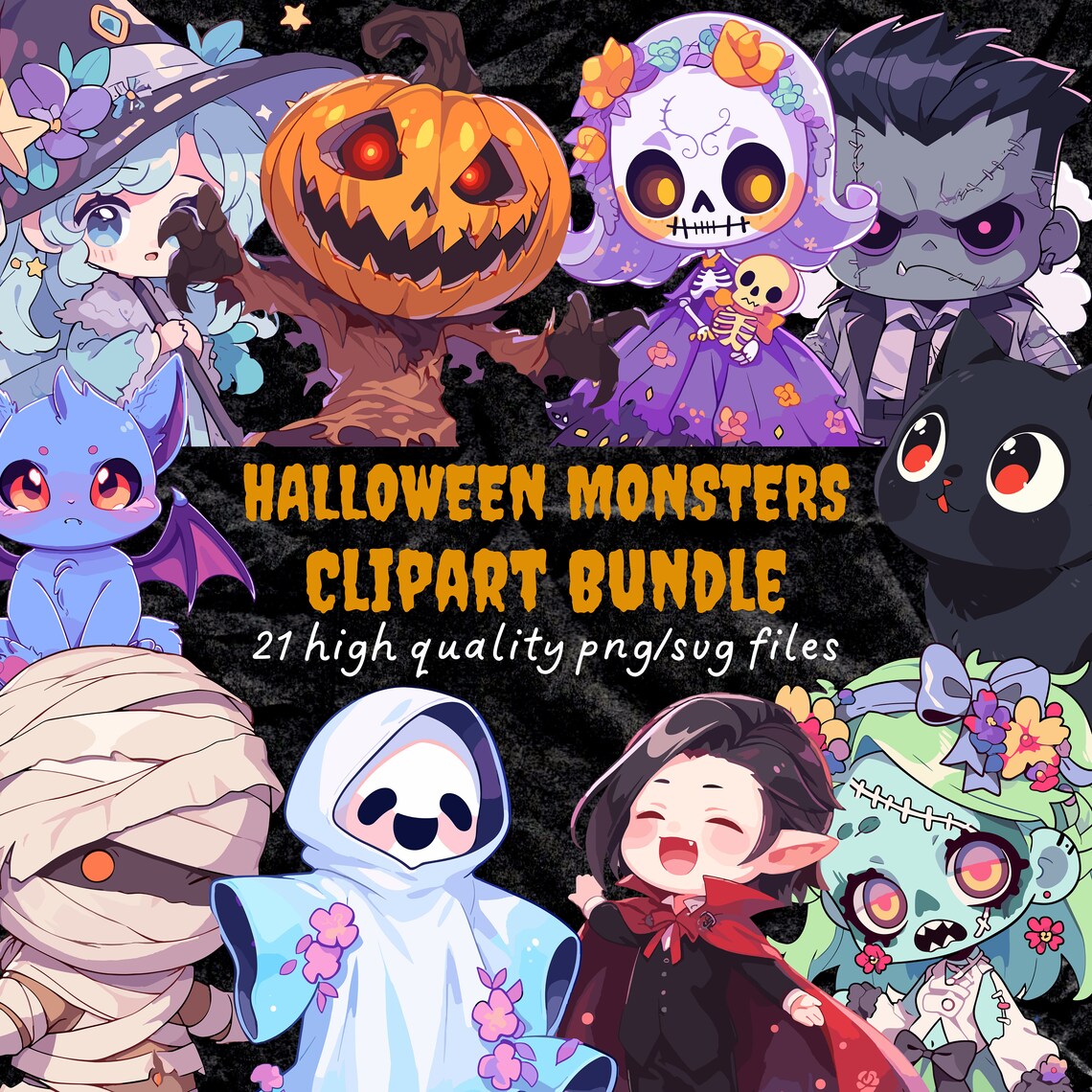 Chibi Cute Halloween Monsters Clipart Halloween PNG Cute Ghost - Etsy